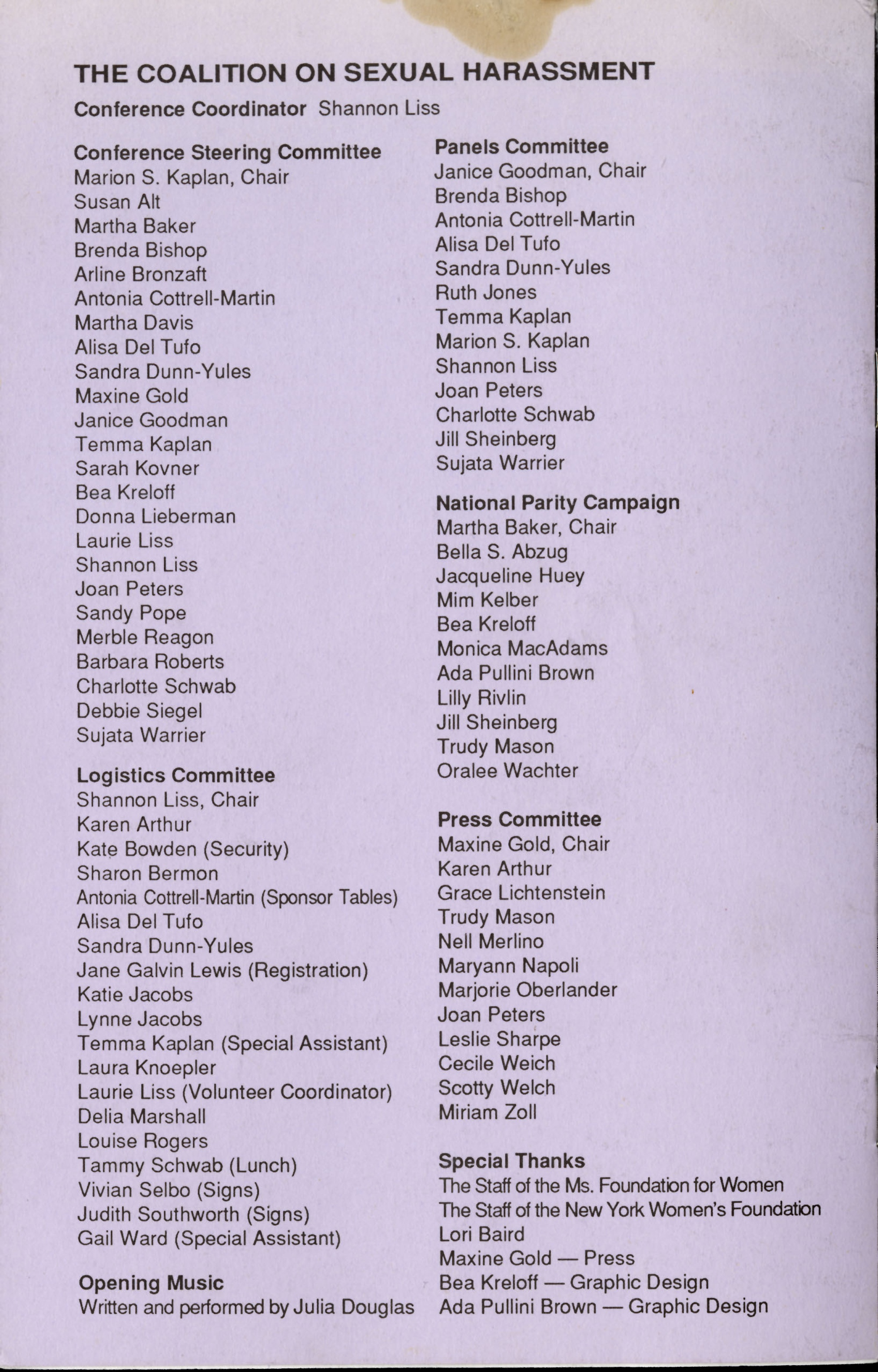 Organizer List, "Women Tell the Truth" Conference - TFI