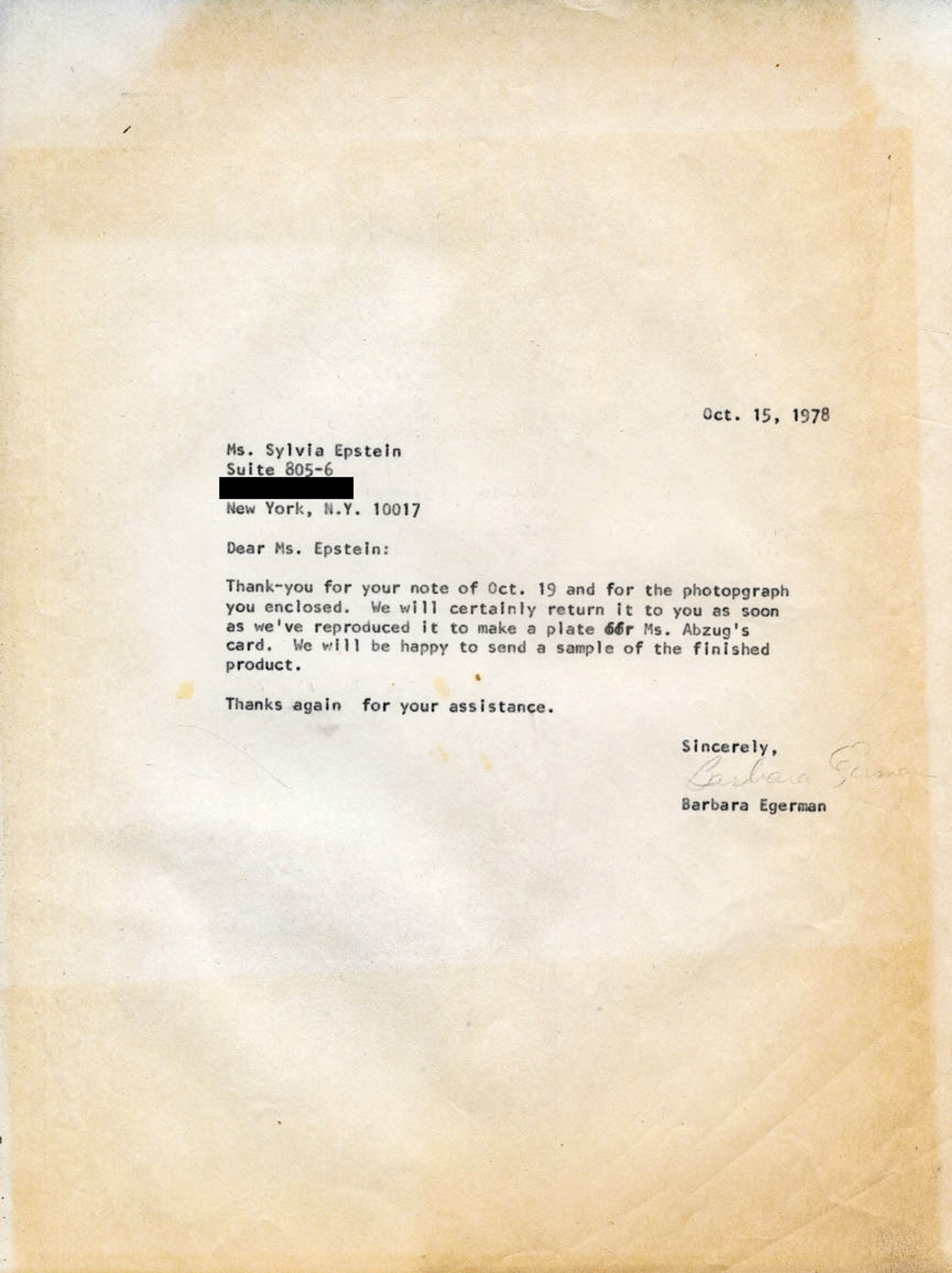 Correspondence from Barbara Egerman to Bella Abzug's office - TFI