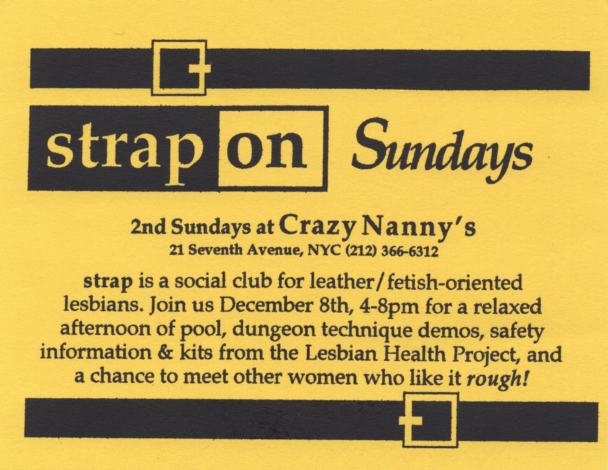Flyer for strap-on Sundays at Crazy Nanny's - TFI