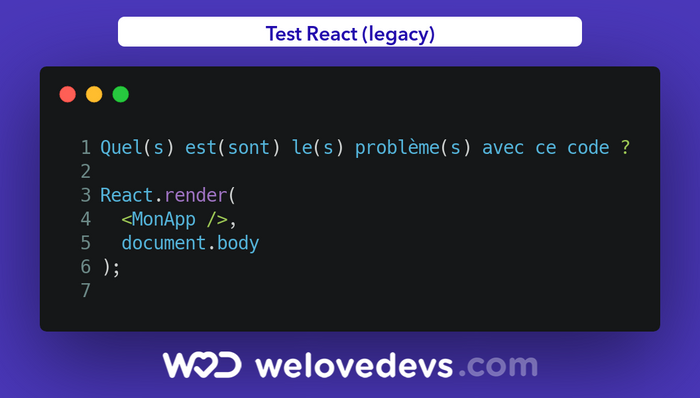 What is wrong with this React code? ```javascript React.ren