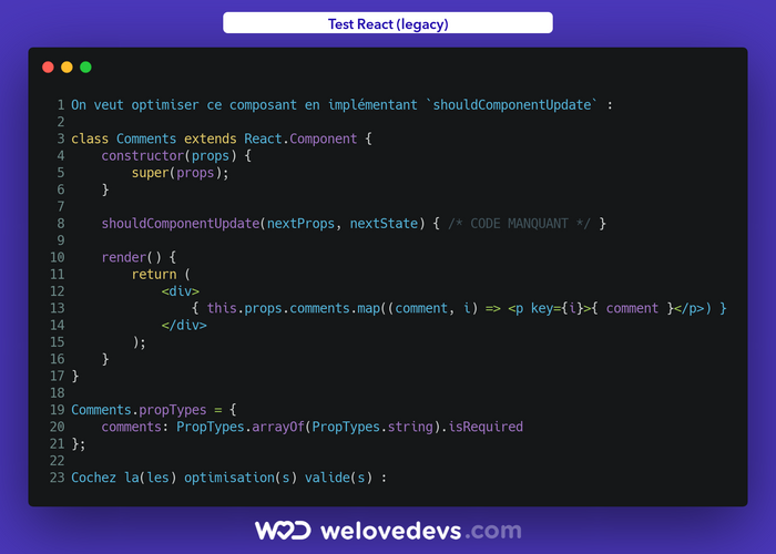 Optimize a React component by implementing shouldComponentUp