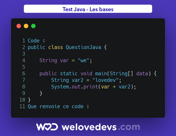 Écrire un programme Java qui affiche 'welovedev'.